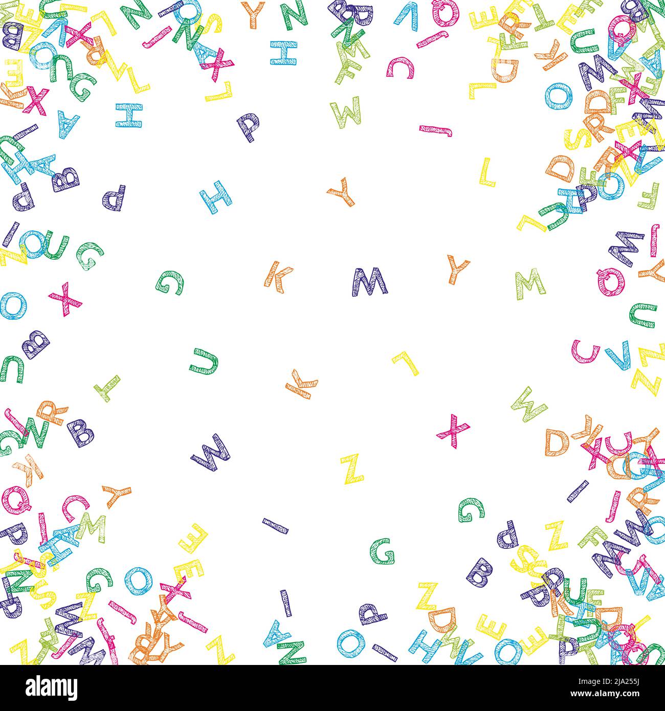 Falling letters of English language. Colorful sketch flying words of ...