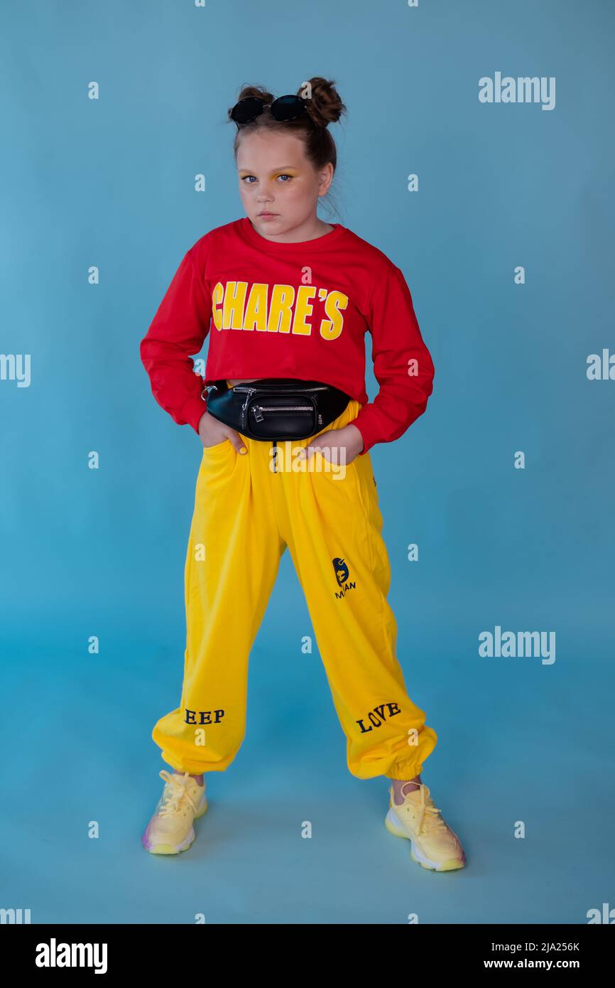 beauty portrait of stylish teenage girl in fashionable bright clothes ...