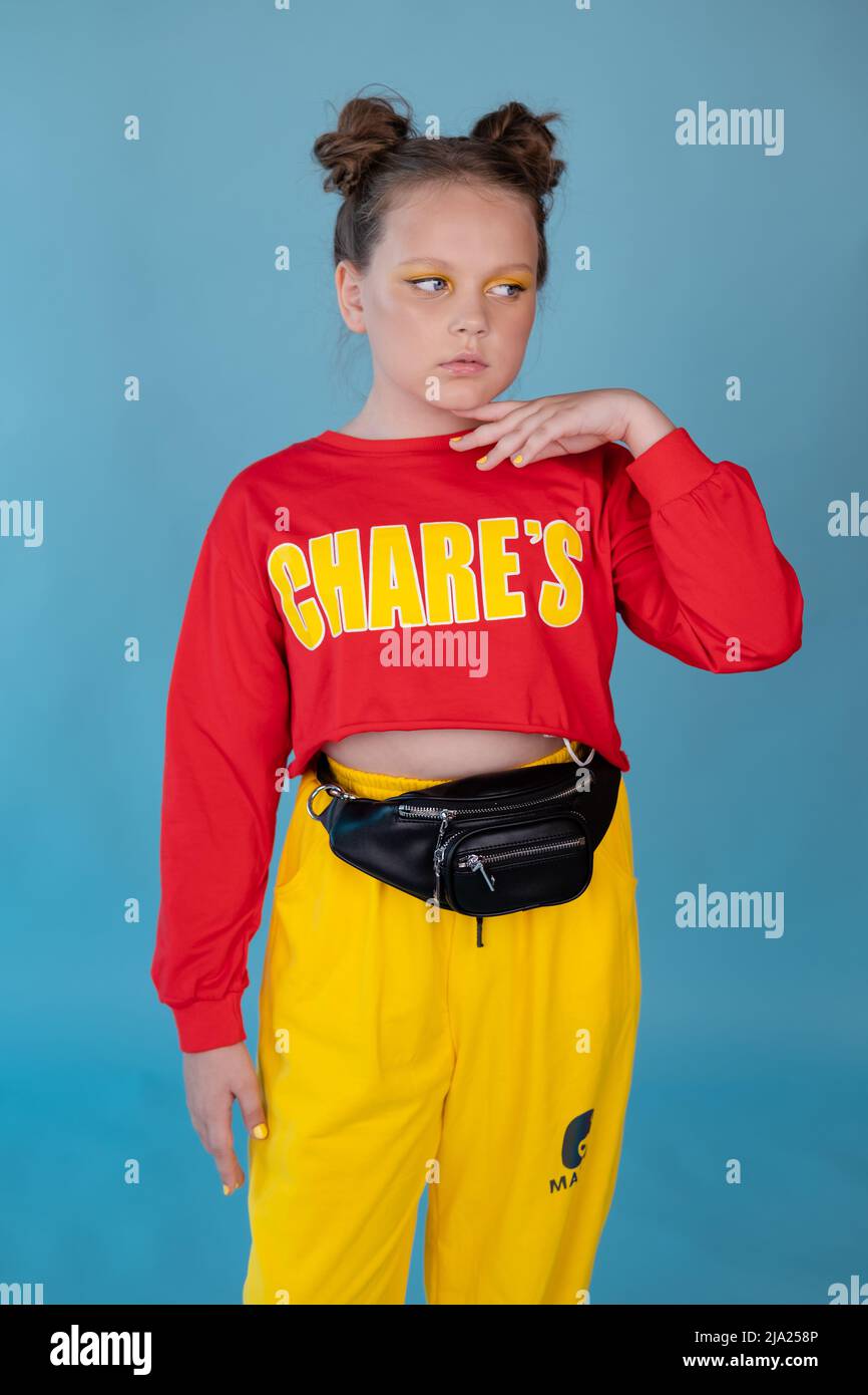 beauty portrait of stylish teenage girl in fashionable bright clothes ...