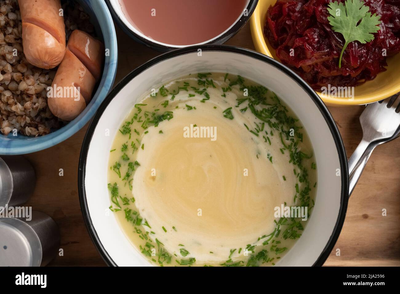 Multi course lunch in bowls and wooden stave, healthy eating concept ...