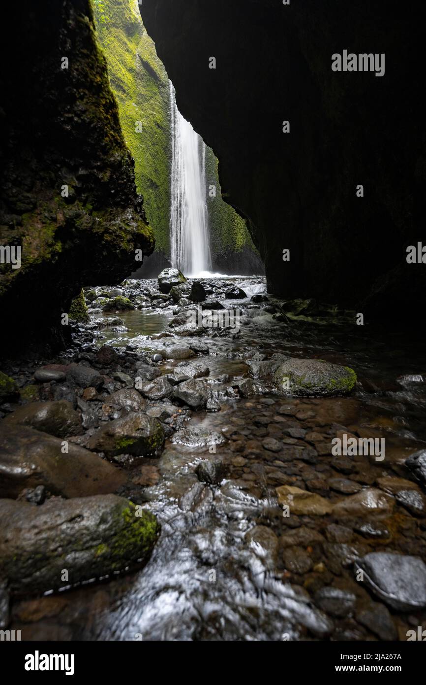 Waterfall in moss-covered gorge, river in Nauthusagil Gorge, South ...