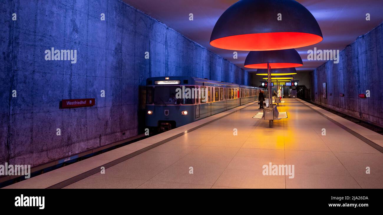 Subway enters station, Westfriedhof, subway station, modern architecture, Munich, Germany Stock ...