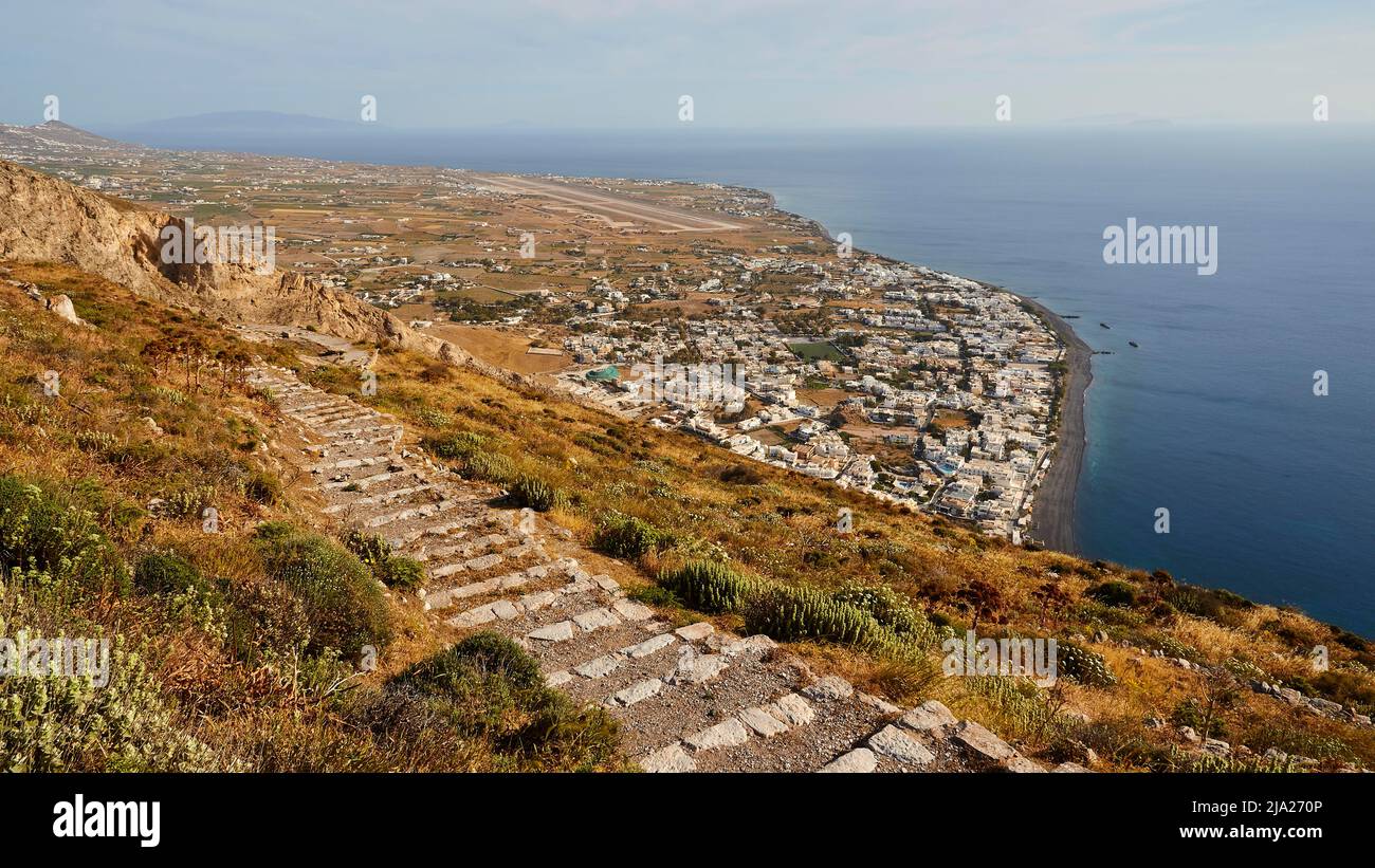View down, Kamari, Stone stairs, Ancient Thera, Mountain top ...