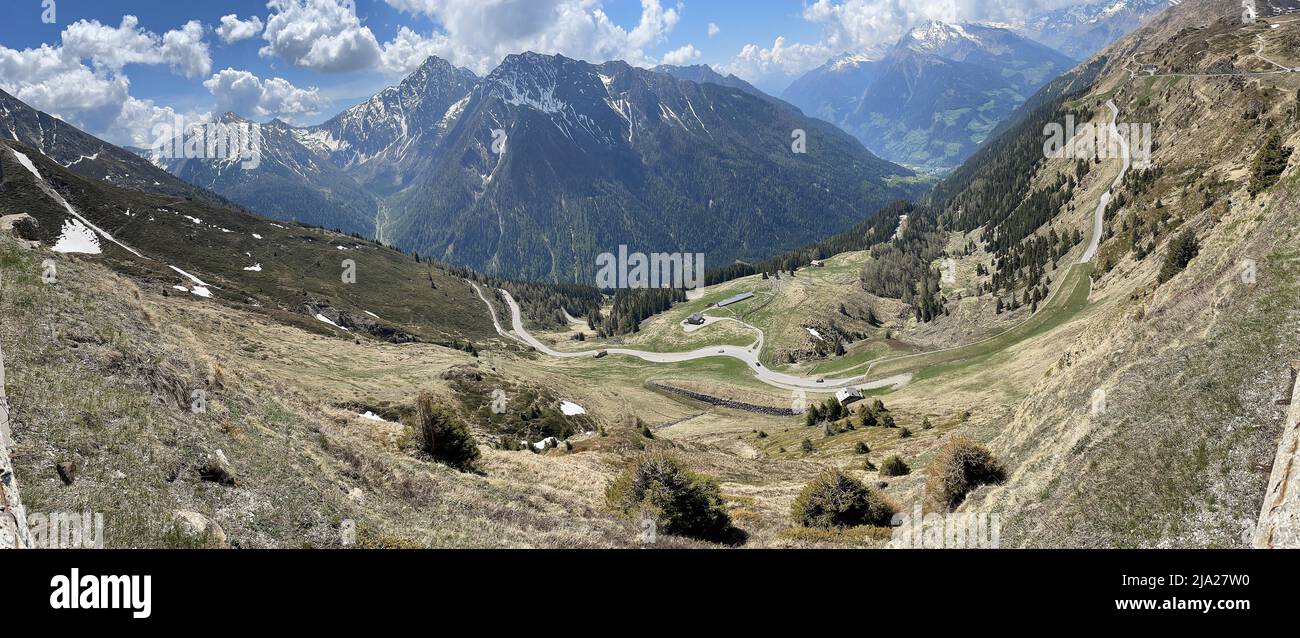 Panorama of mountain landscape in Alps, view from pass summit of ...