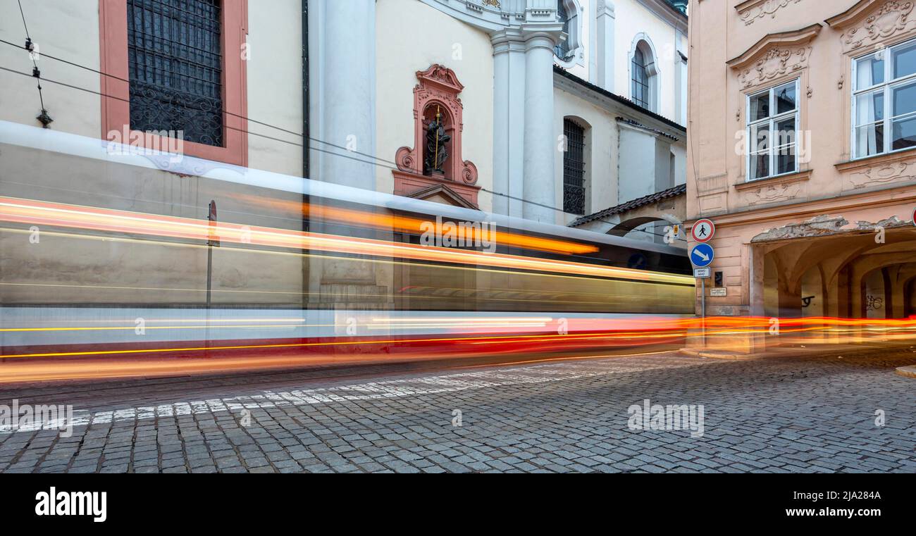 Moving tram in the Old Town of Prague, Czech Republic Stock Photo - Alamy