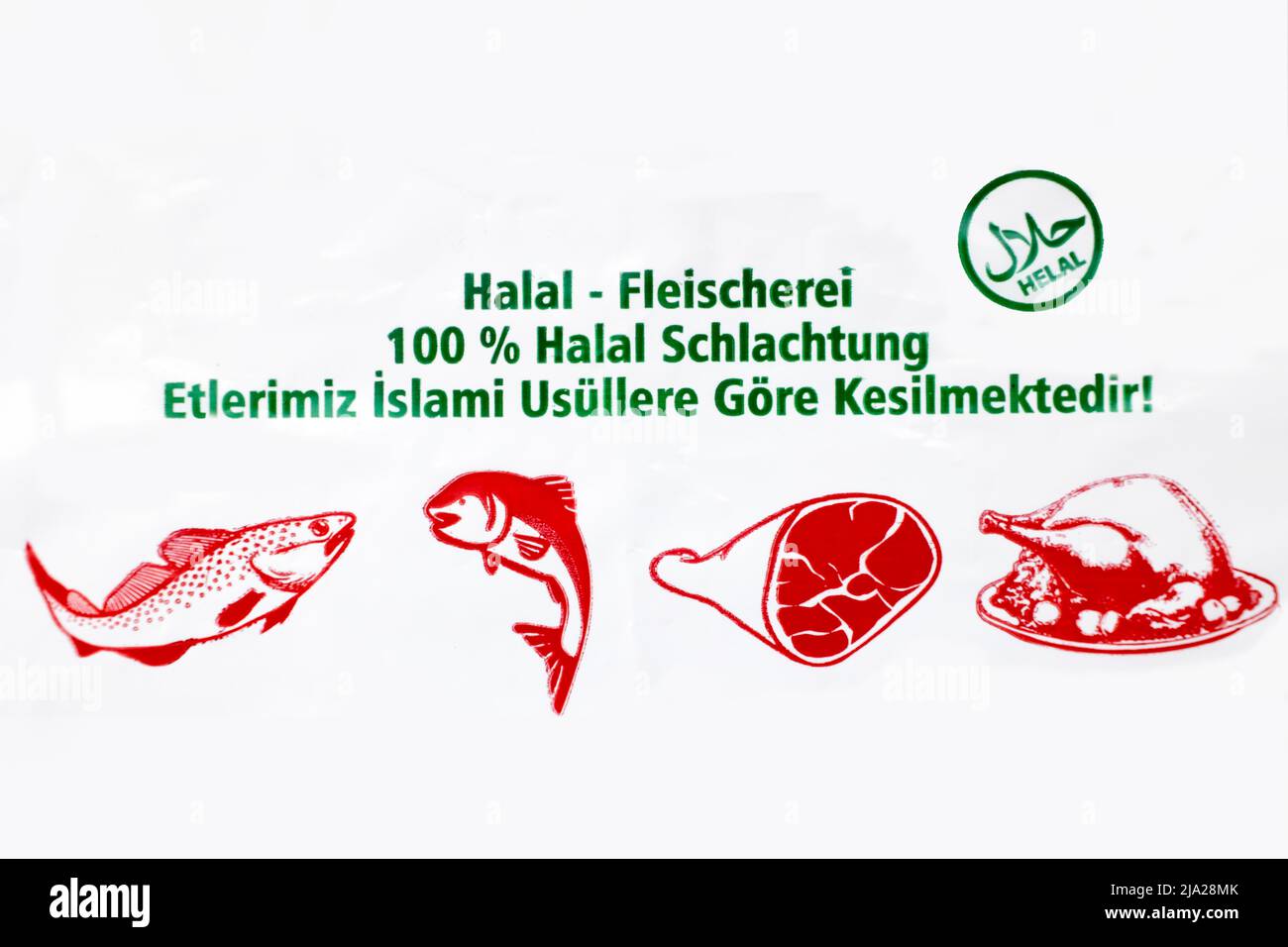 Advertisement for a halal butcher's shop, Our meat is slaughtered ...