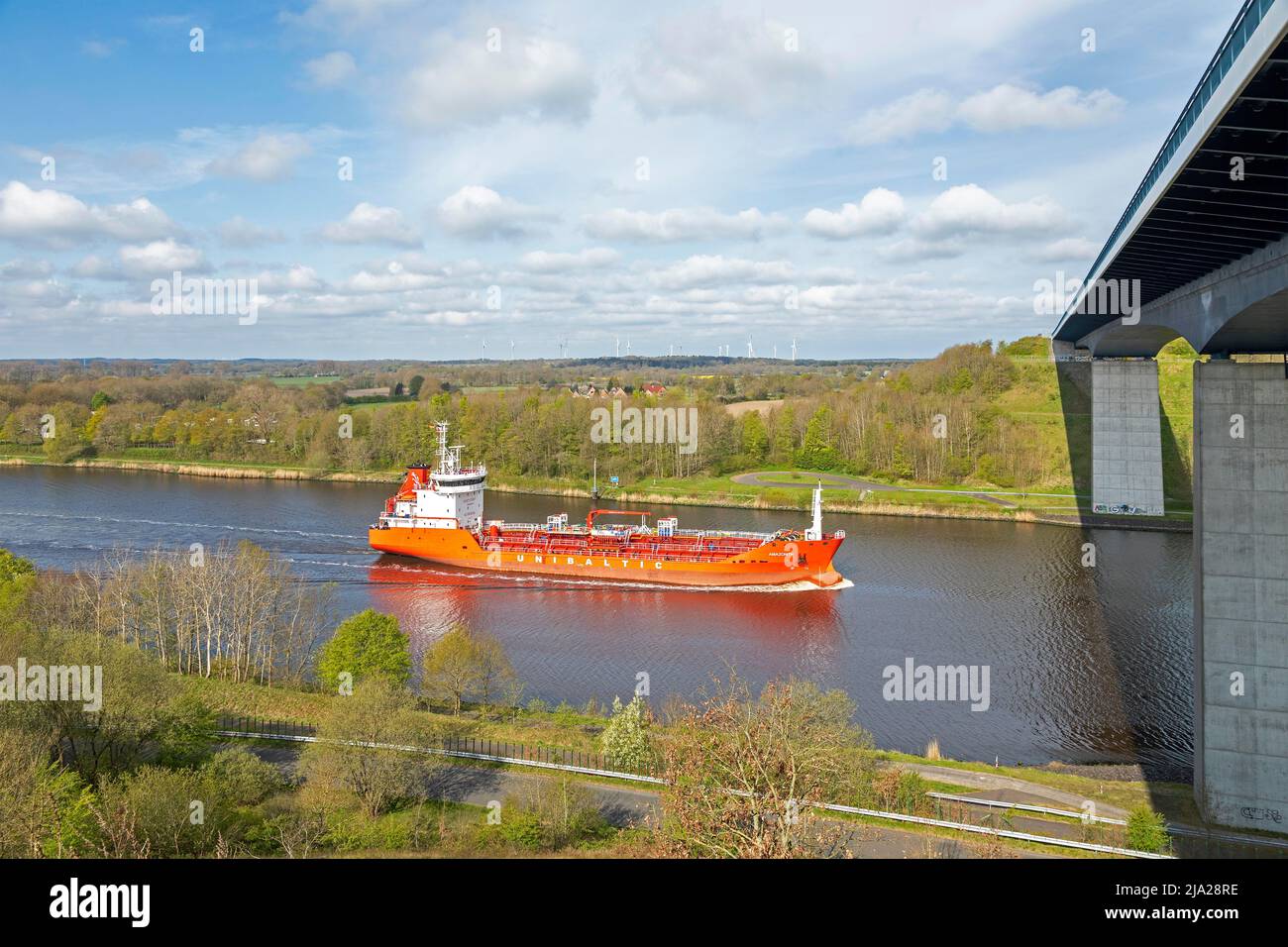 Cargo ship, motorway bridge, Kiel Canal near Schafstedt, Schleswig ...