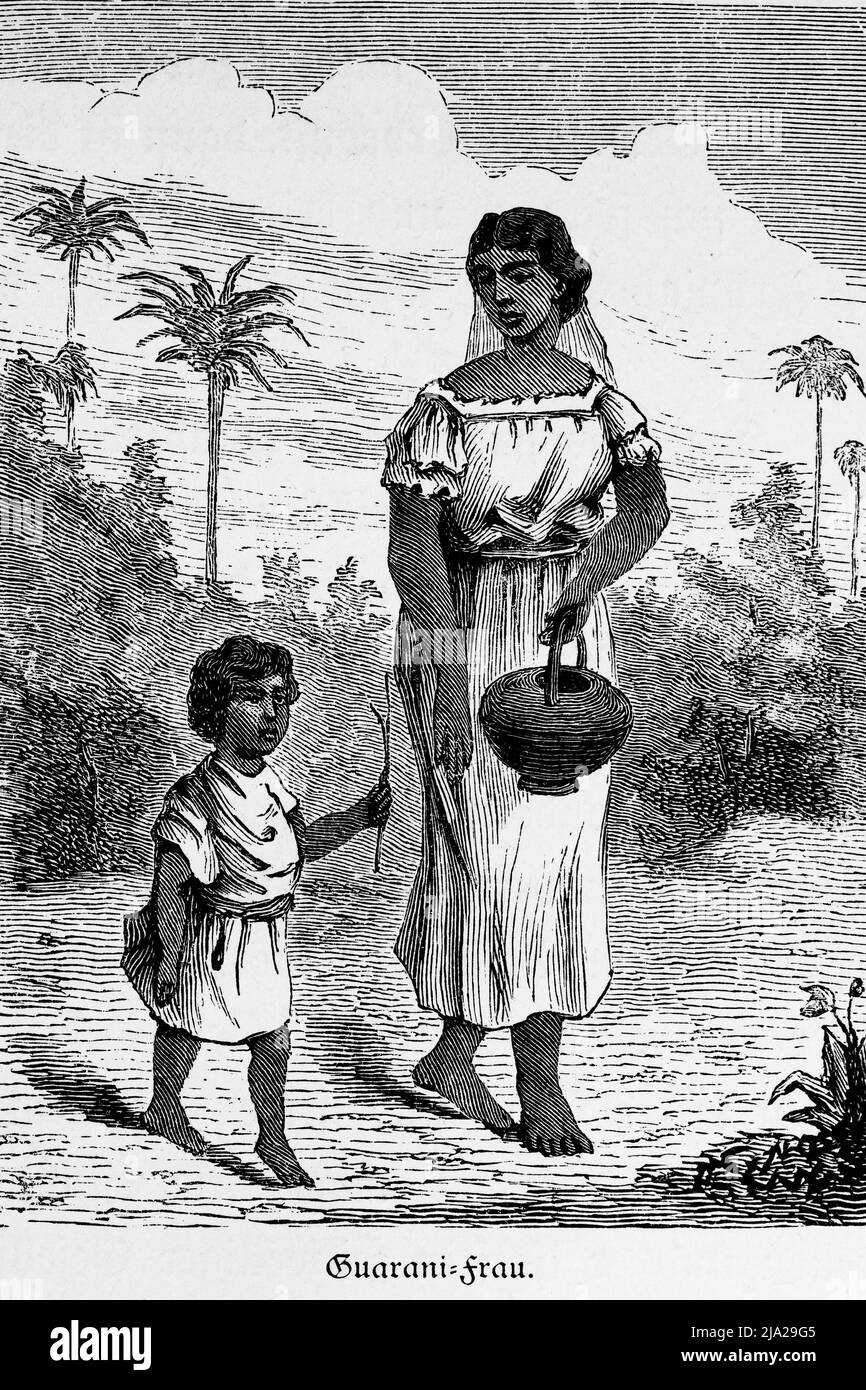 Guarani woman, child, indigenous people, walk, carry, basket, palms ...