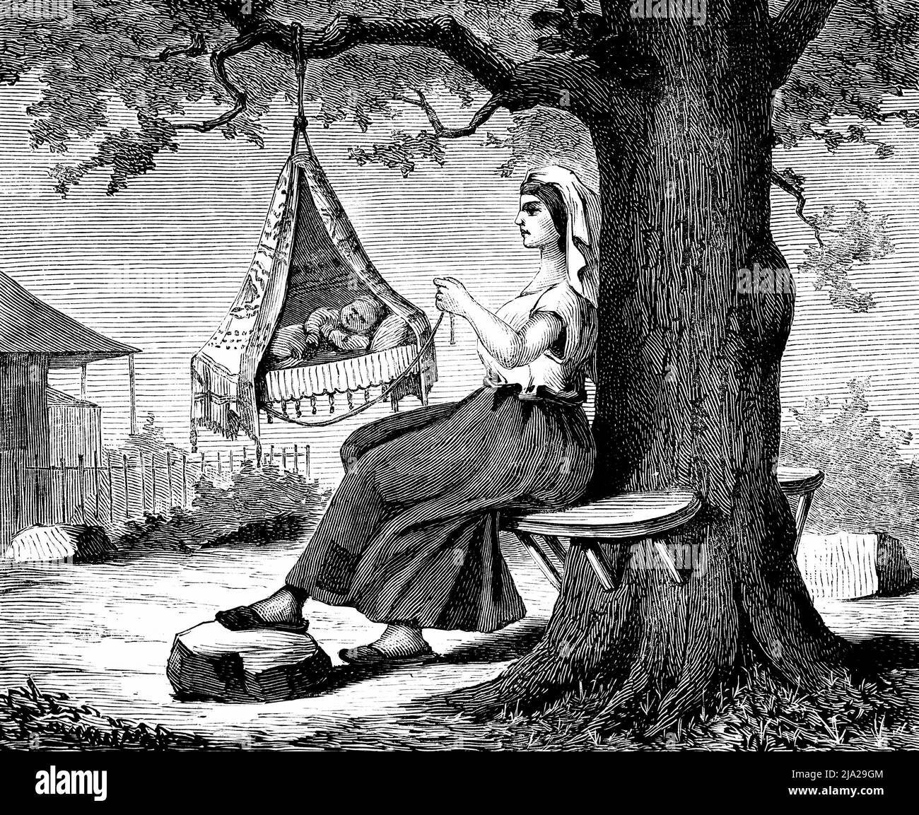 Gaucho woman, baby, cradle, tree, building, sit, sleep, bench, rest ...