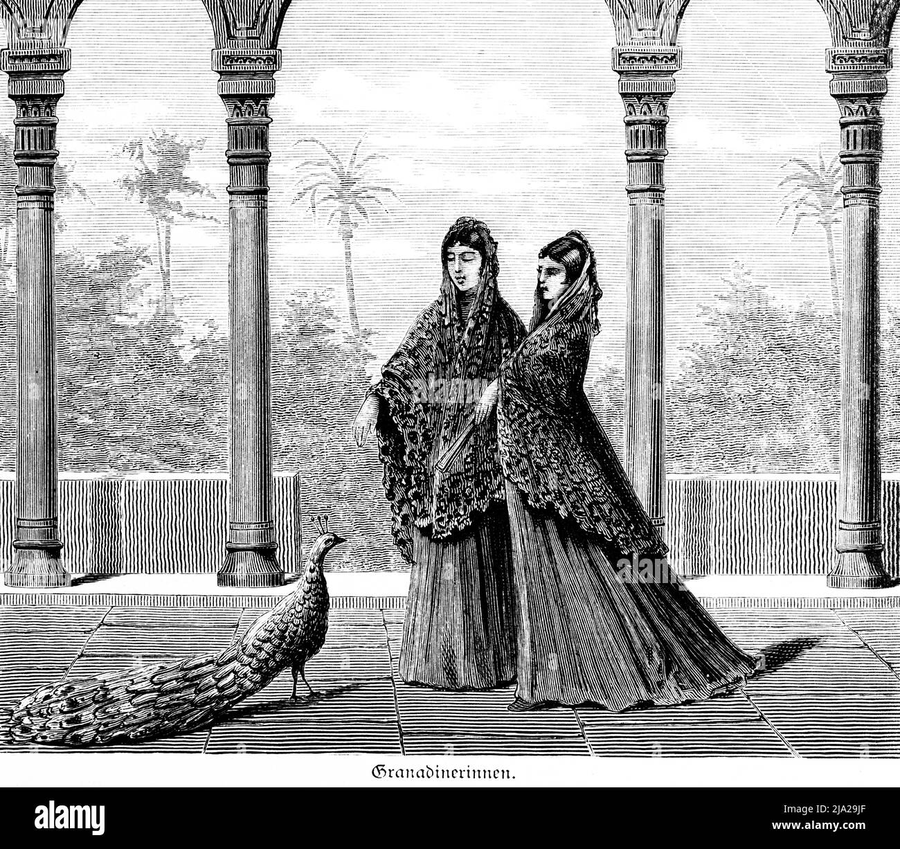 Two distinguished women in Granada, Spain, terrace, columns, garden ...