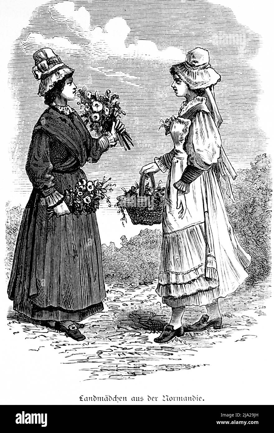 Two countrywomen, Normandy, France, traditional dress, flowers, basket ...