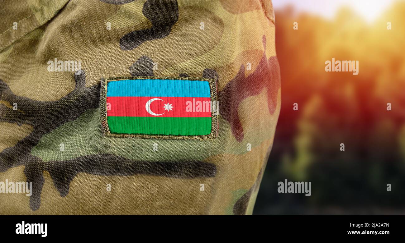 Flag of Azerbaijan on military uniform. Azerbaijani army, armed forces ...