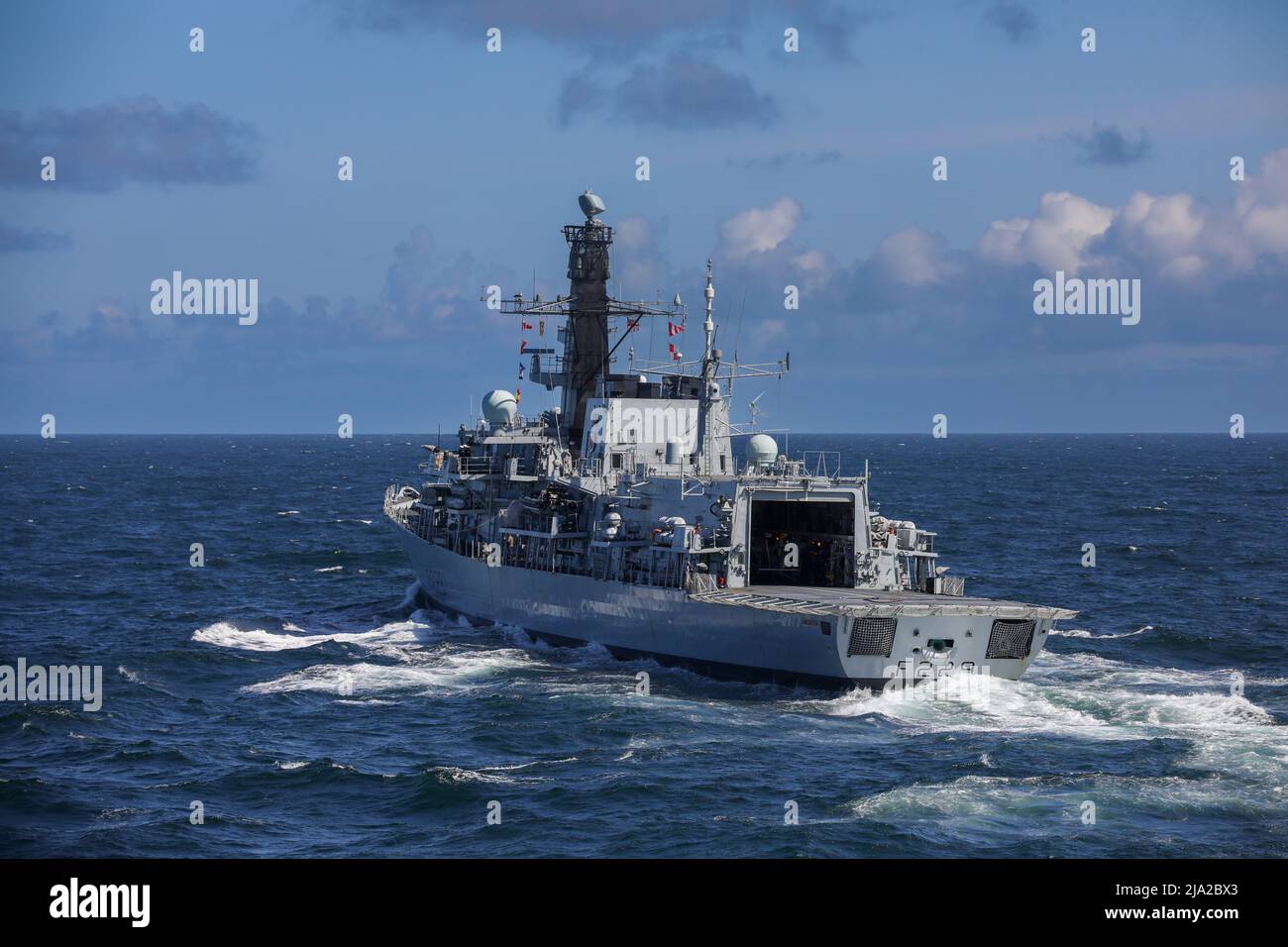 Stern view of the Royal Navy frigate HMS Lancaster built on the Clyde ...