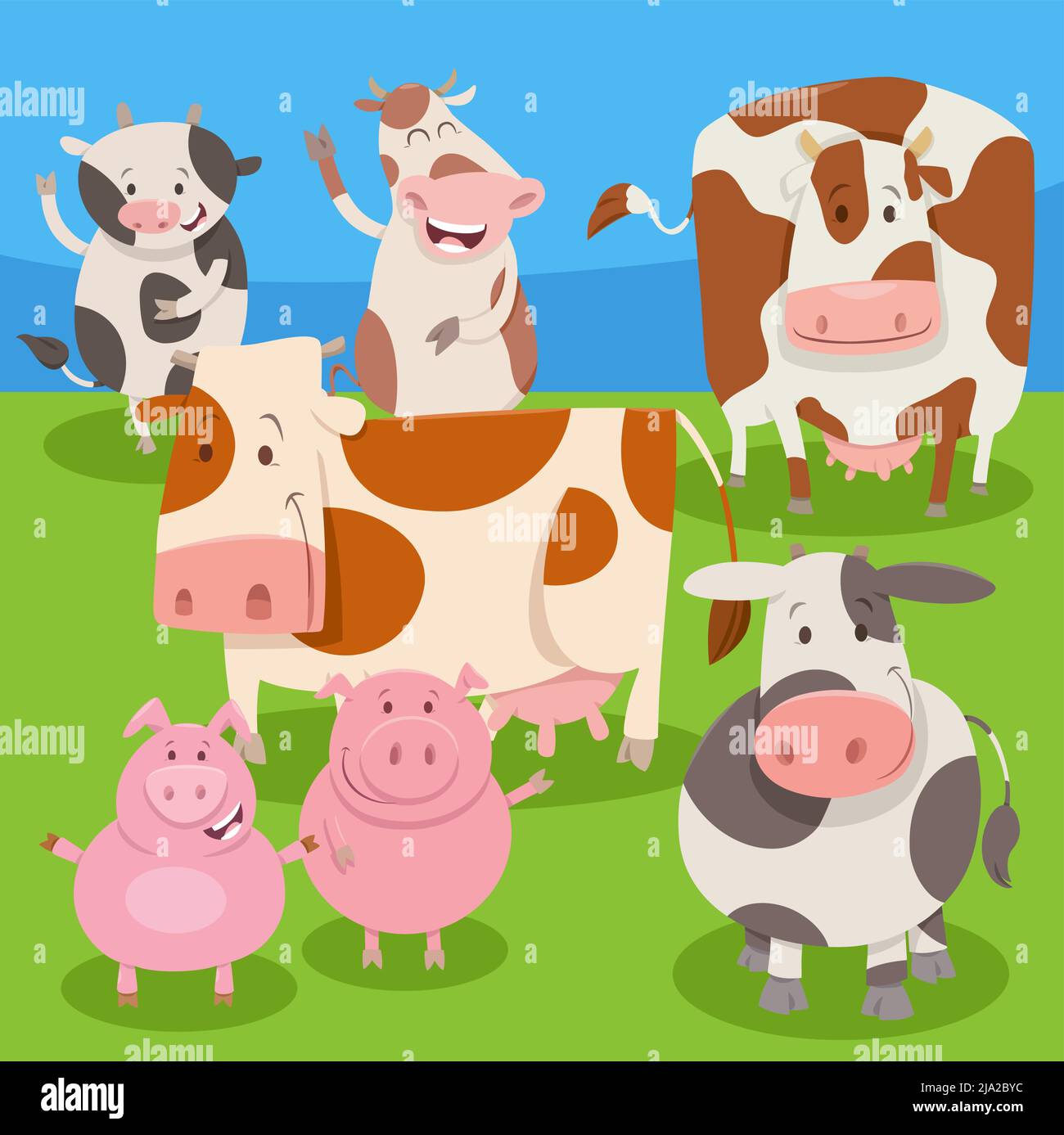 Cartoon illustration of happy farm animal characters in the countryside ...
