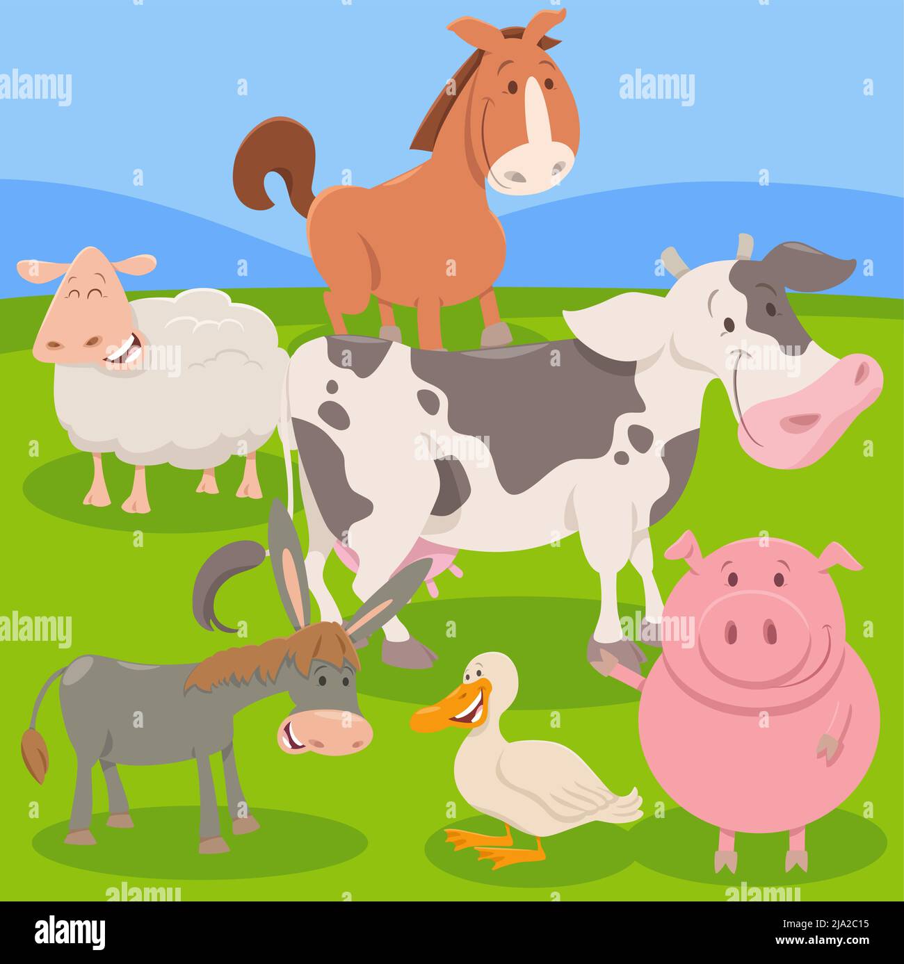 Cartoon illustration of funny farm animal characters in the countryside ...