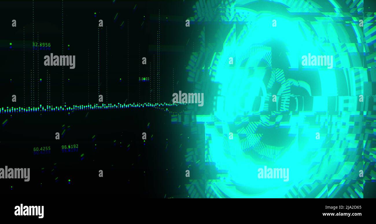 Image of processing circle over black background with green graphs ...