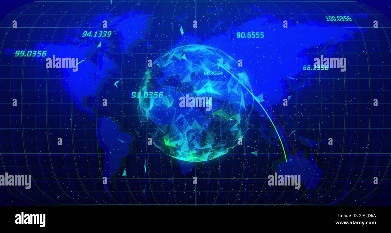 Image of numbers and globe over blue background with world map Stock ...