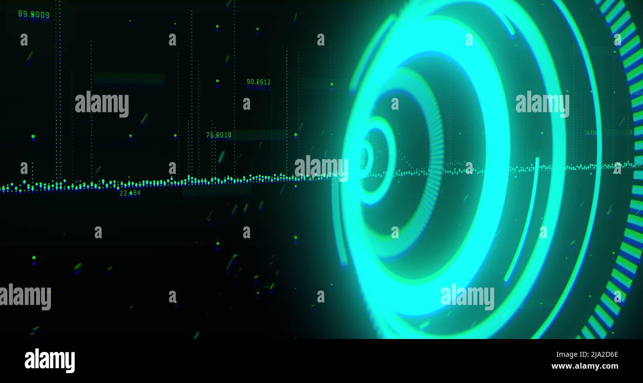 Image of processing circle over black background with green graphs ...