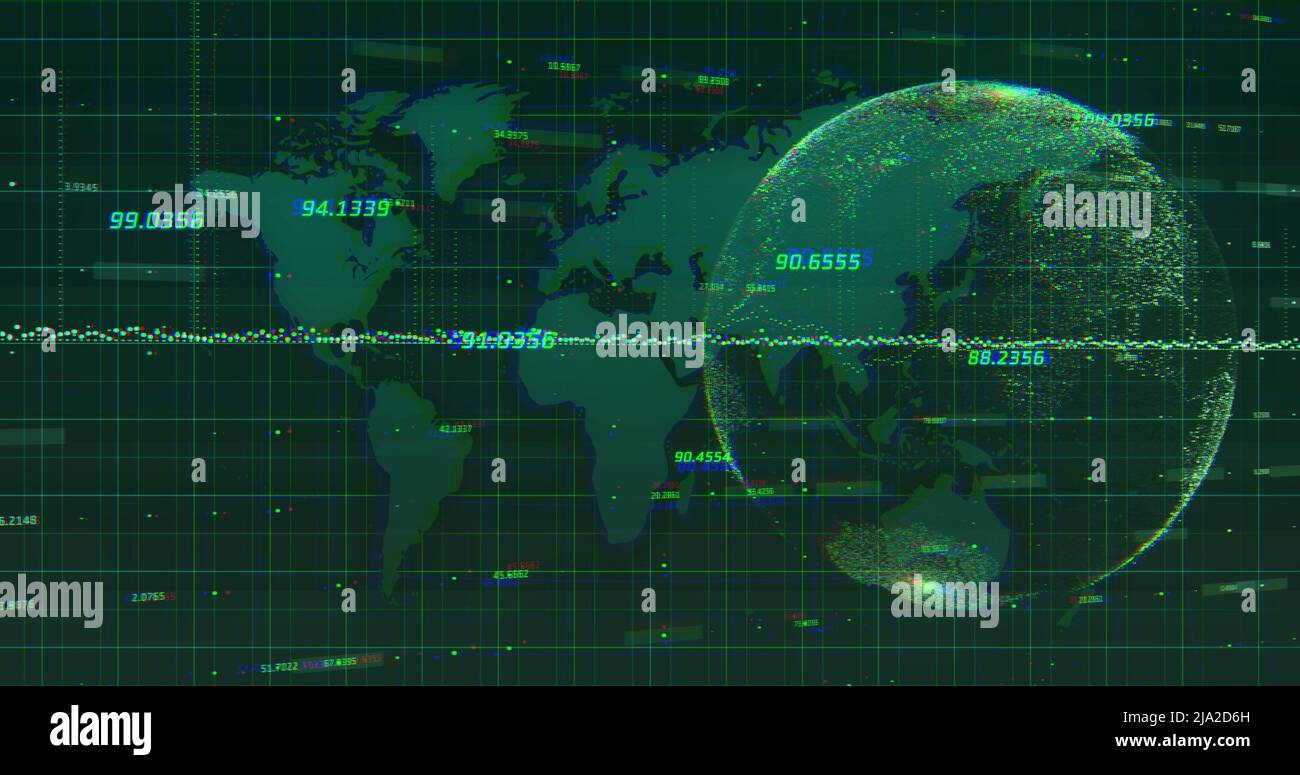 Image of green graphs and globe rotating on green world map in ...