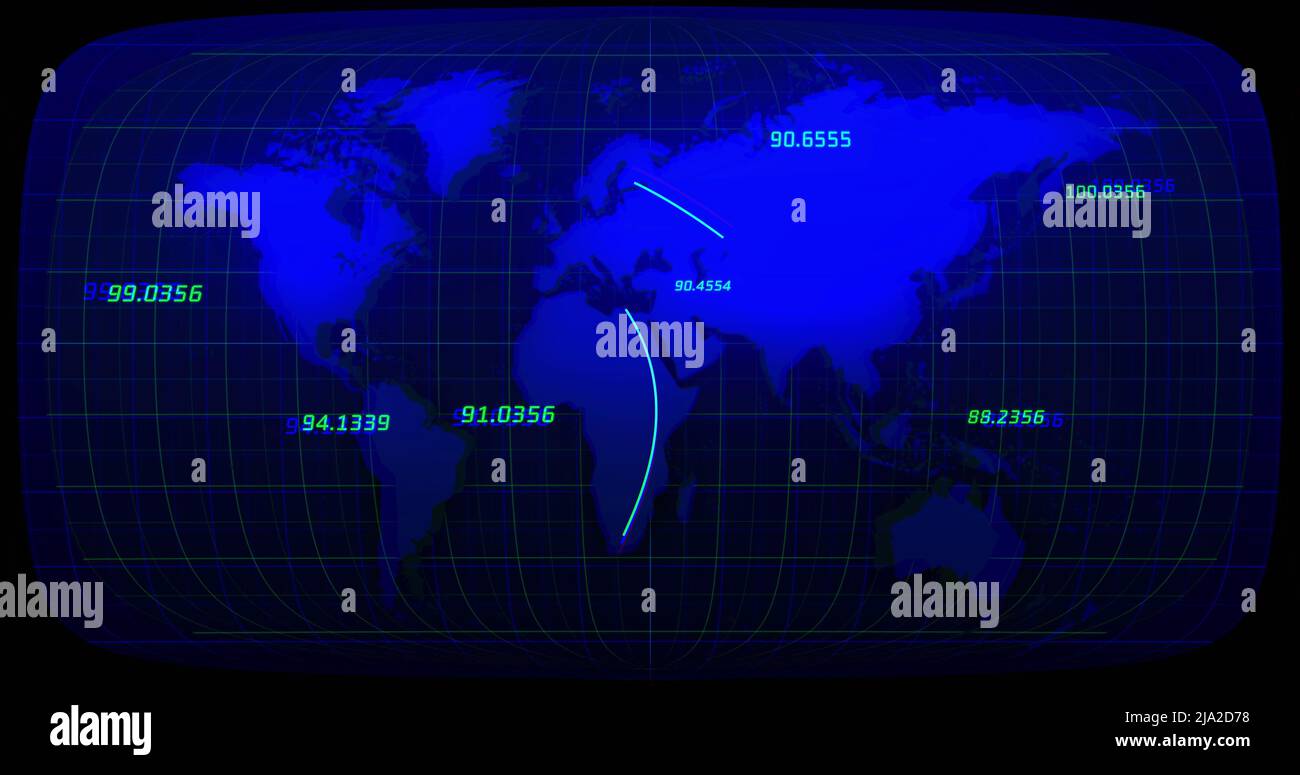 Image of numbers and connections over blue background with world map ...