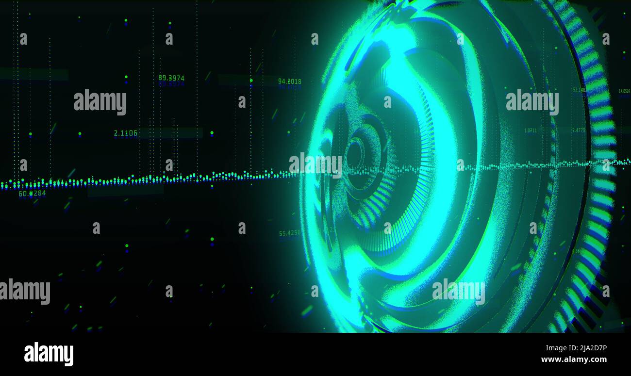 Image of processing circle over black background with green graphs ...