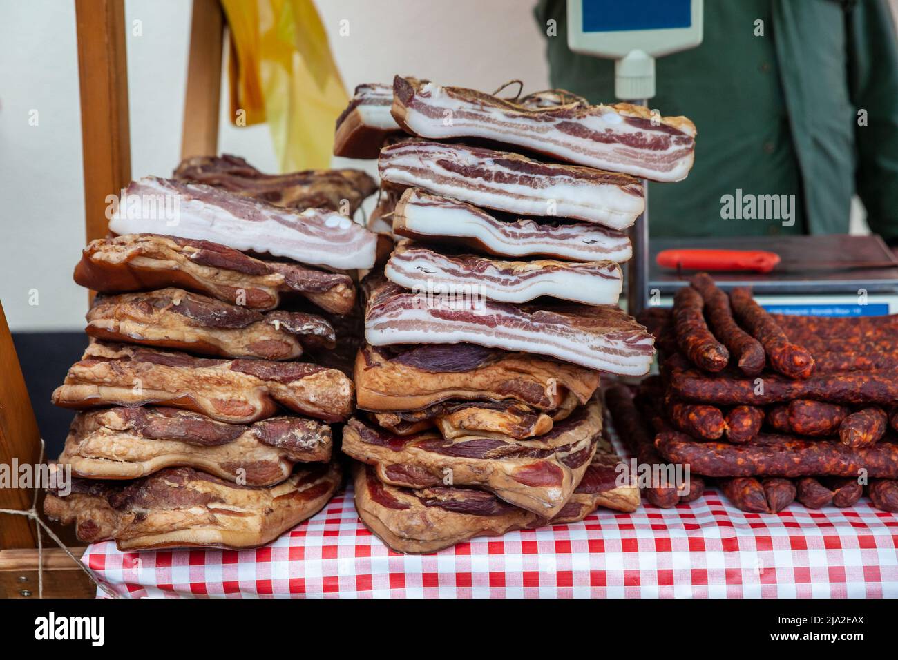 Picture of a Serbian smoked and dried meat, pork, a serbian bacon ...