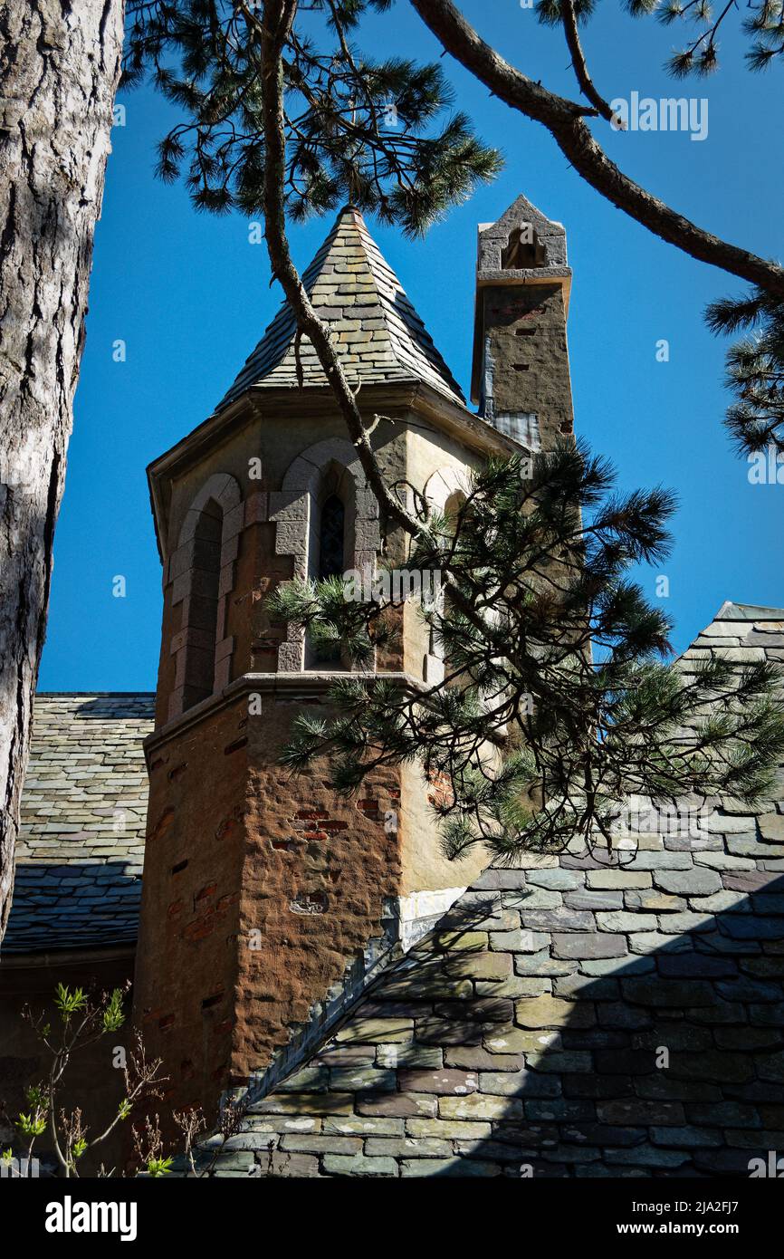 Stone turret on roof of the 1926 Medieval-style Hammond Castle built by ...
