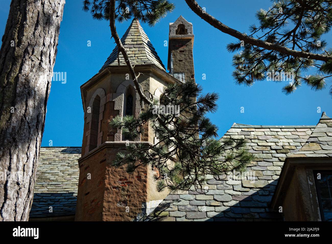Stone turret on roof of the 1926 Medieval-style Hammond Castle built by ...