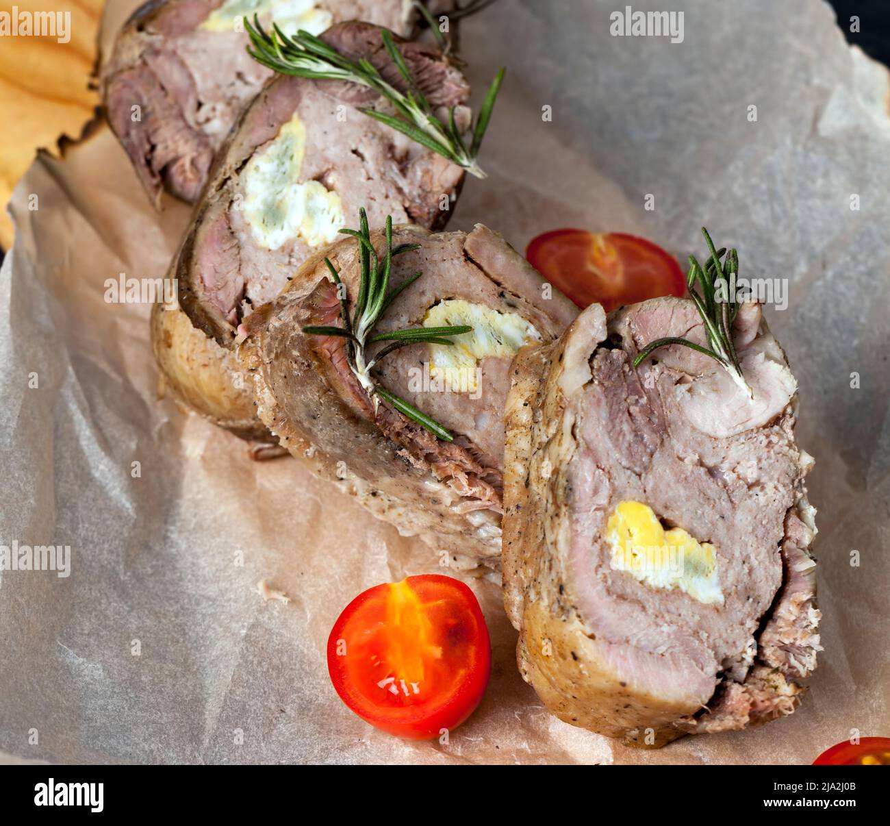 boiled pork meat with egg baked inside, meat dish of boiled meat with ...
