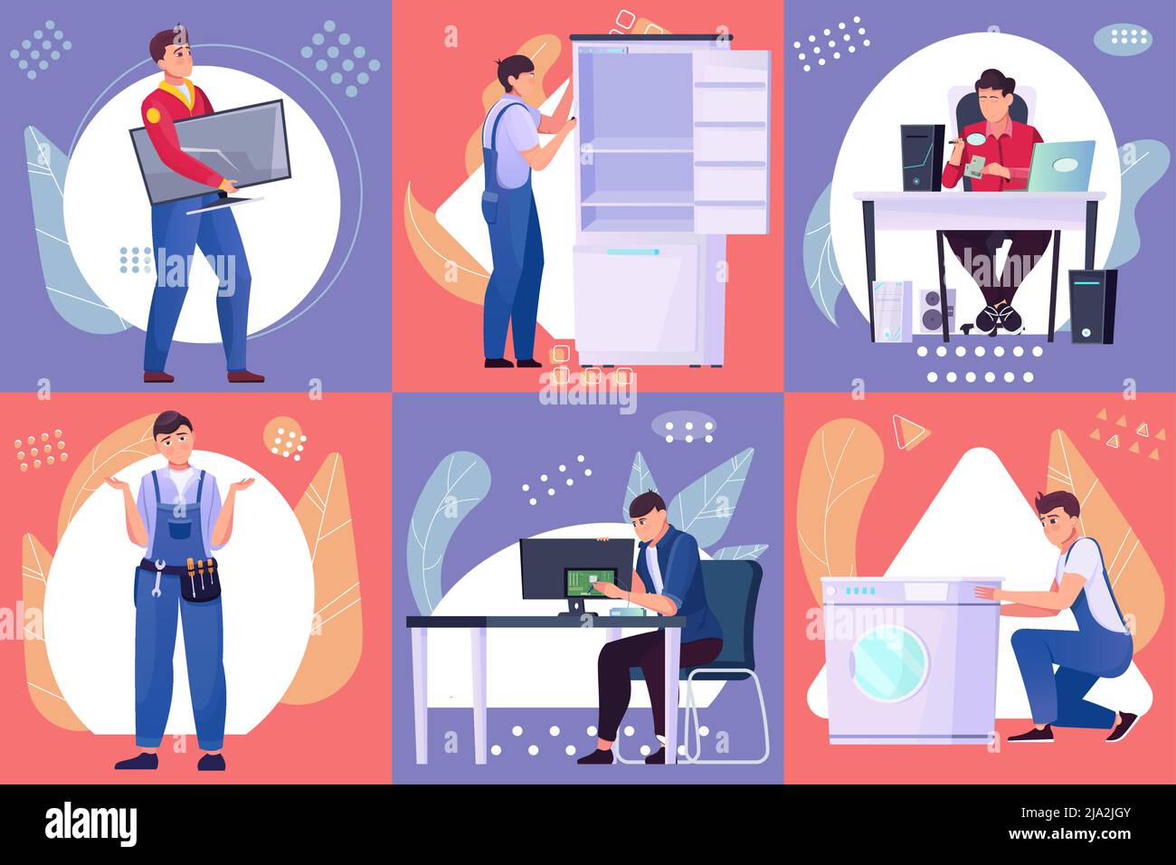 Repairmen and repair service on the red and blue background flat vector ...