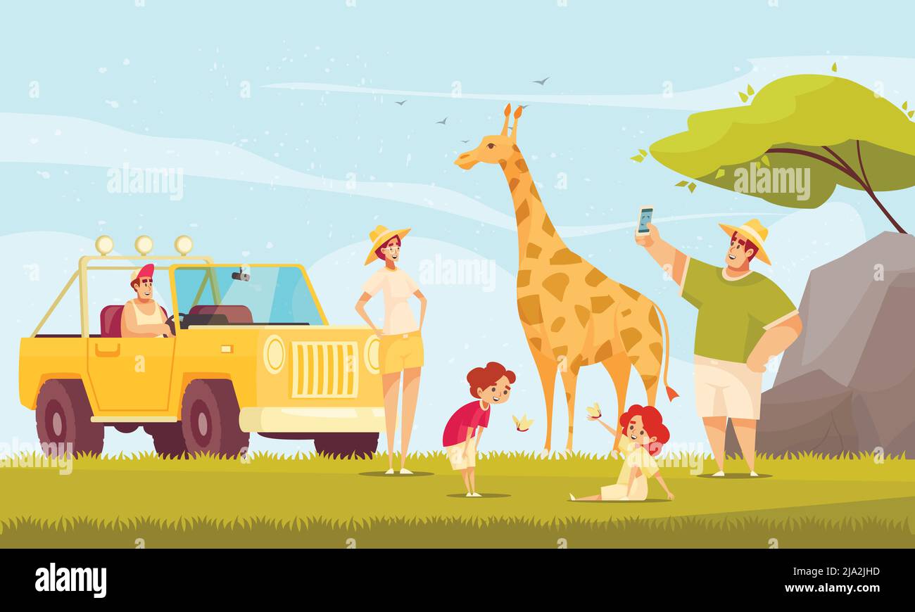 Off road driving safari adventures flat composition with young family ...