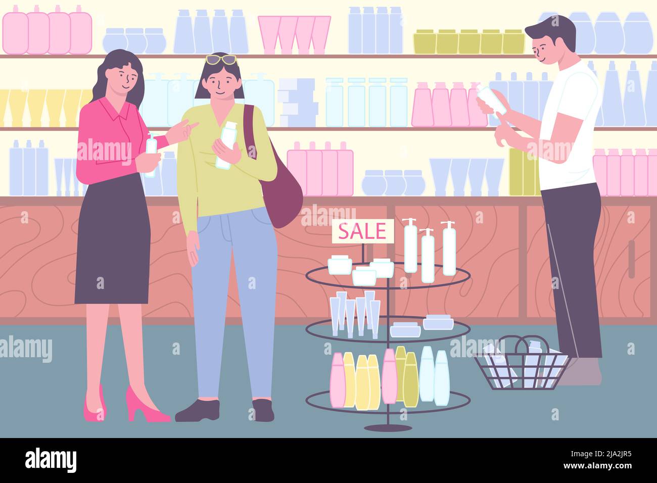 Cosmetic shop flat composition with indoor store scenery shelves with ...