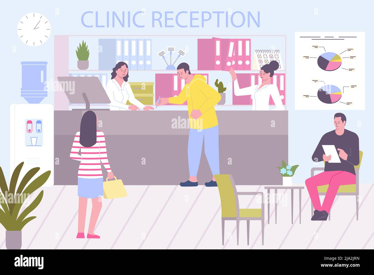 Admission hospital flat composition with clinic reception scenery with ...