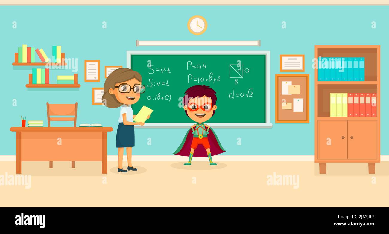 Kids superheroes cartoon concept with the boy in class solved all the ...