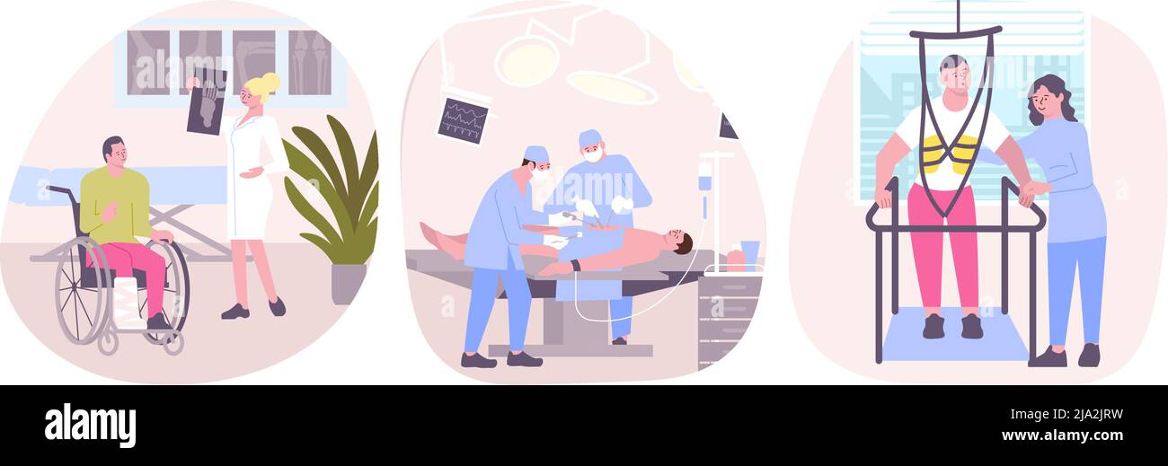 Set of three isolated hospital compositions with human characters of ...