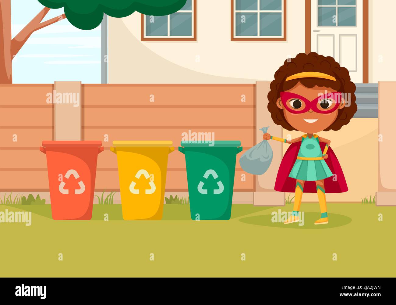 Cartoon colored kids superheroes composition with superhero girl throws ...