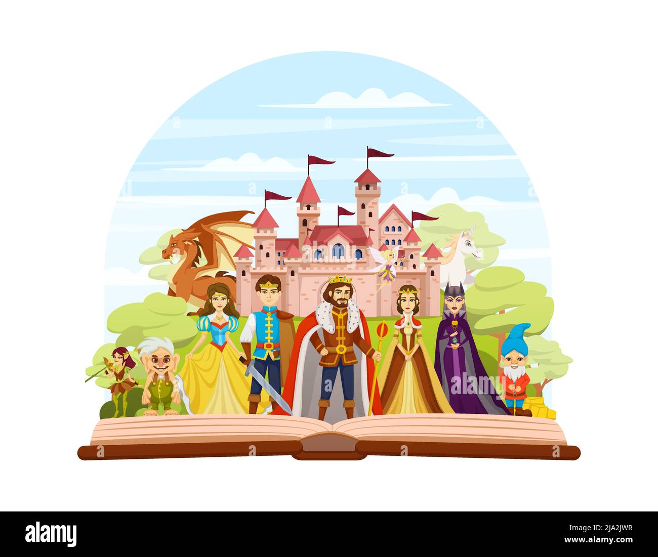 Fairy tale characters cartoon and colored composition with an abstract ...