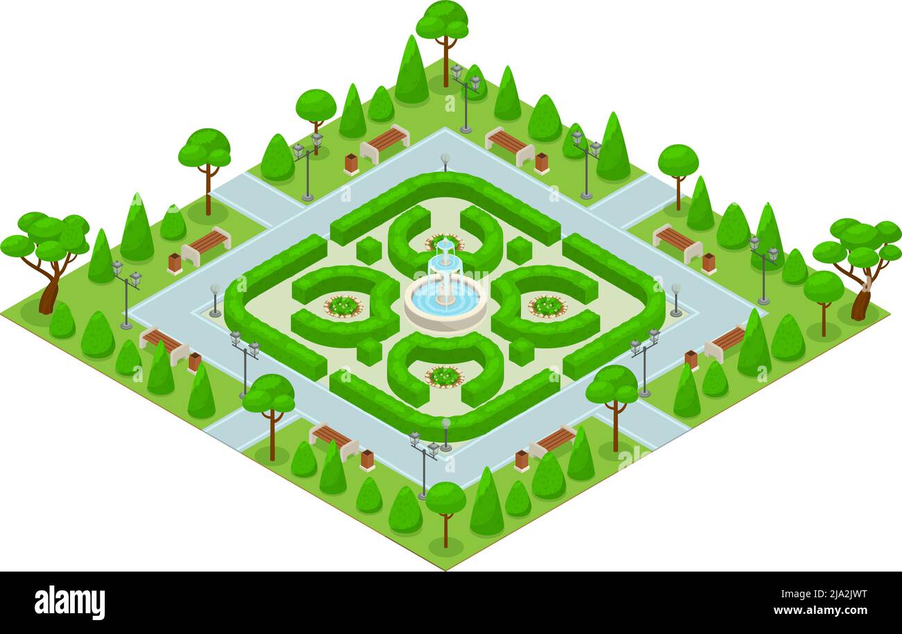 Isometric colored landscape design park concept mini park with green ...