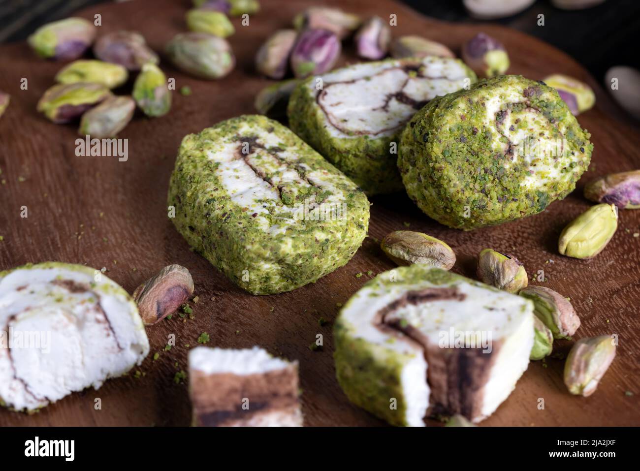 soft Turkish delight confection with pistachio nuts and chocolate ...