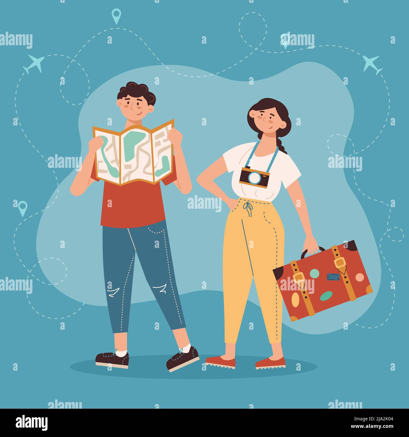 Vacation travel cartoon background image of young couple with retro ...