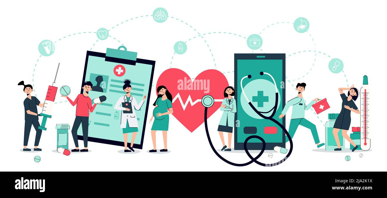 Telemedicine cartoon header title horizontal composition with heartbeat ...
