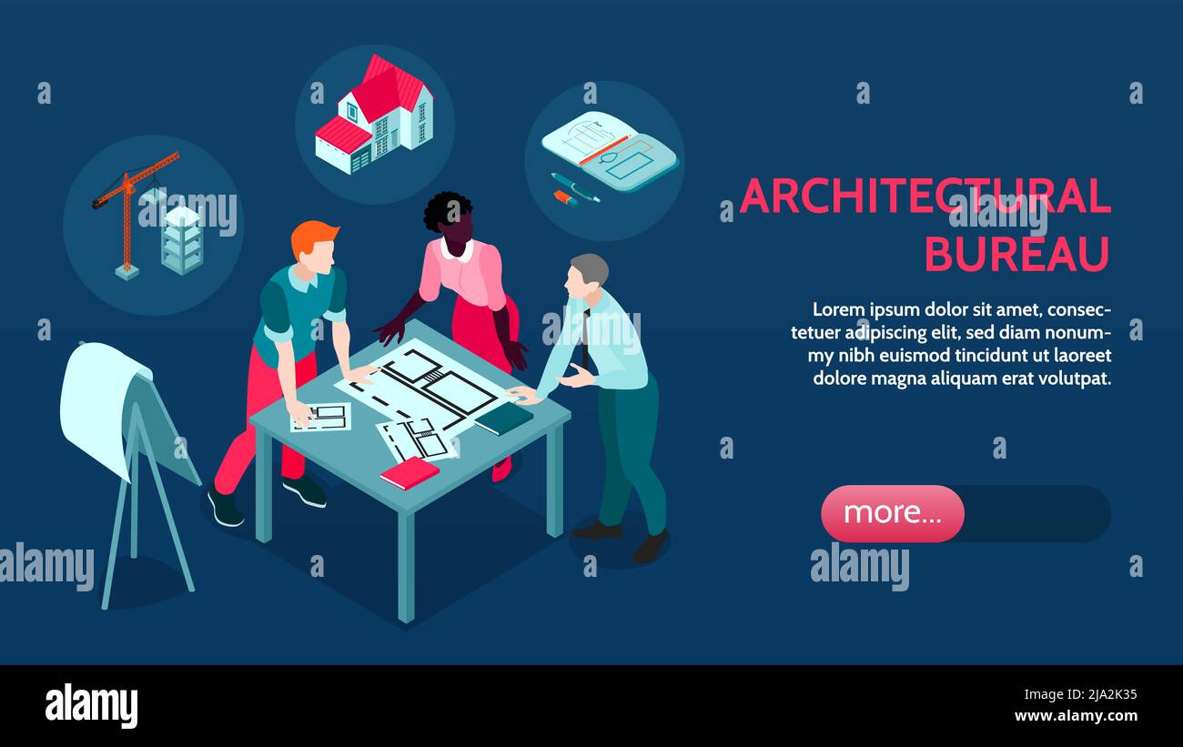 Architectural agency isometric landing page banner with architects team ...