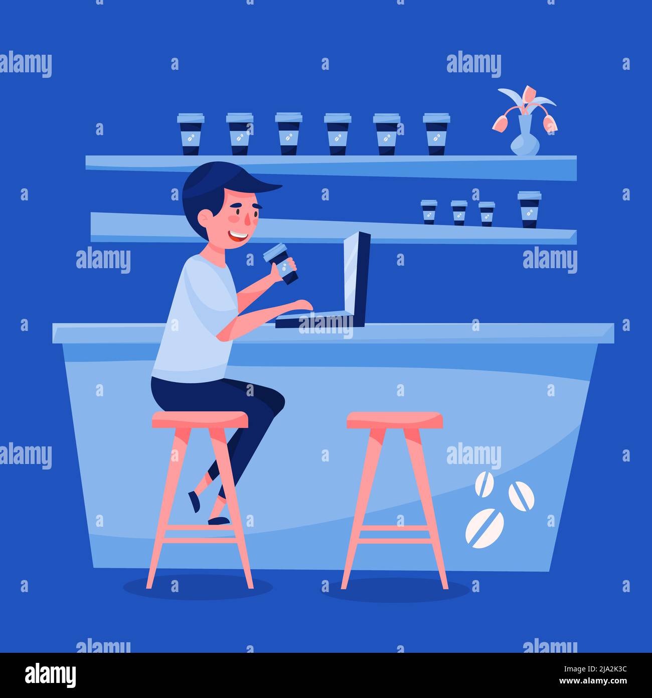Young man freelancer working with his laptop in coffee bar cartoon ...