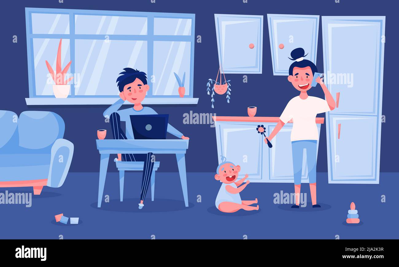 Freelancers young family with baby working home blue interior funny ...