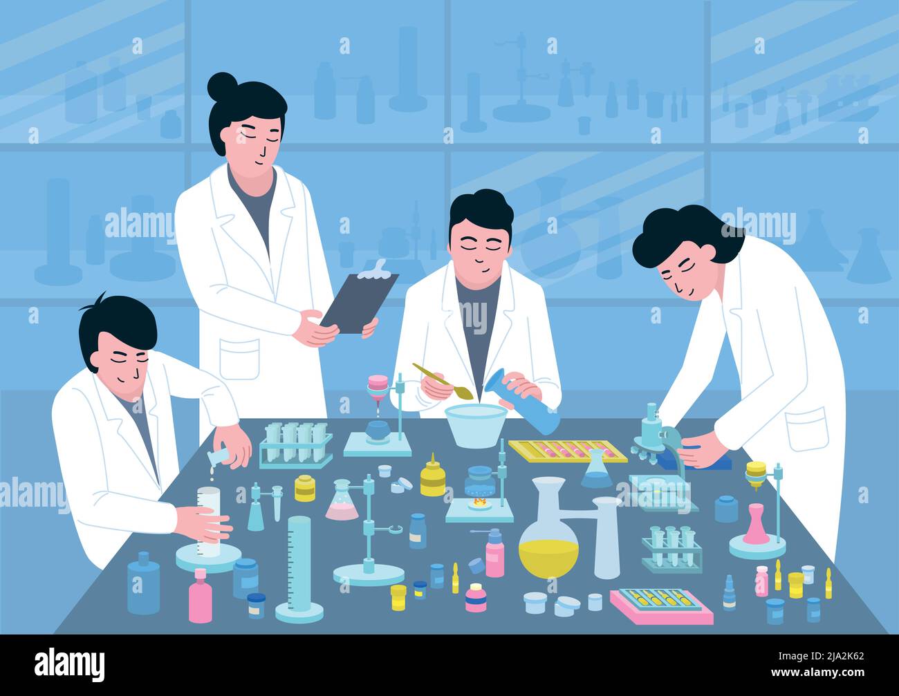 Medical development at the table of pharmaceuticals on a blue ...