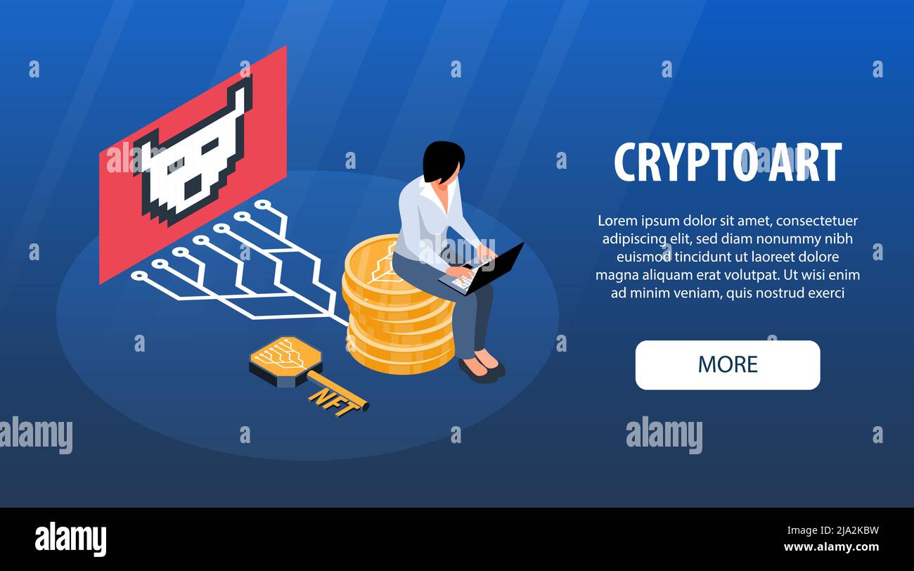 Isometric nft horizontal banner with painting electronic key and coins ...