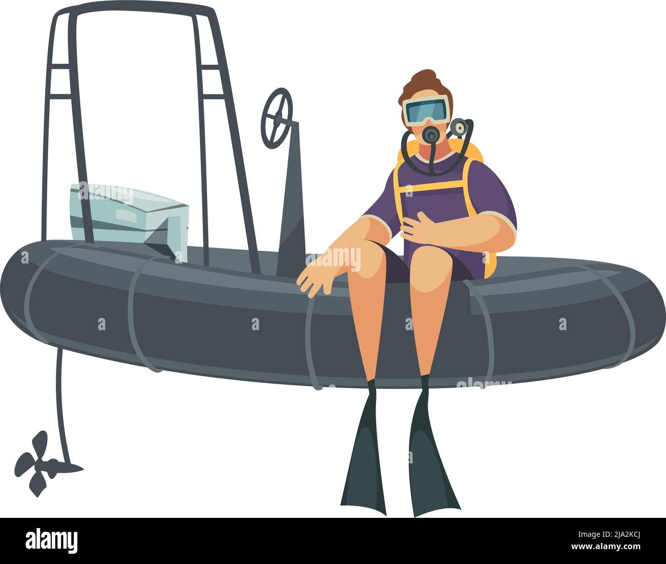 Scuba diving composition with isolated image of rubber boat with ...
