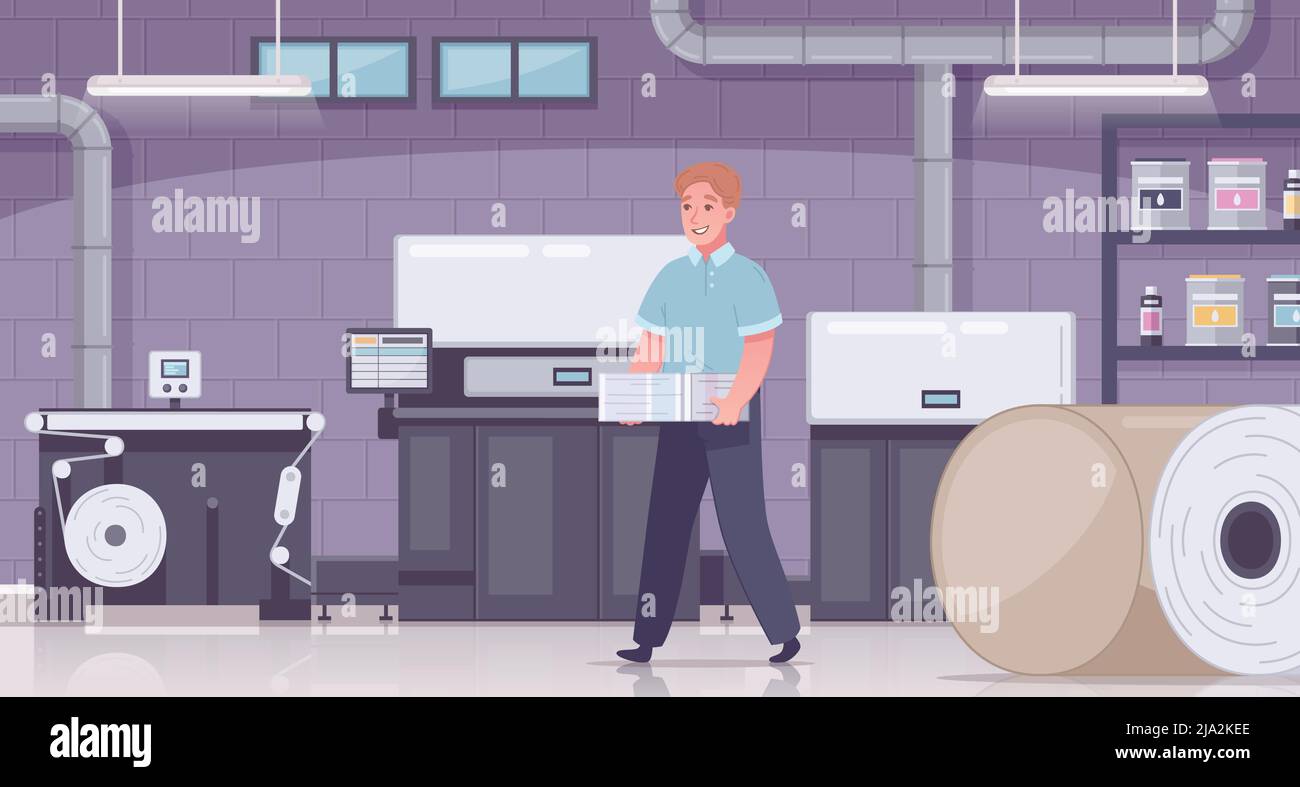 Printing house polygraphy cartoon colored composition with employee ...