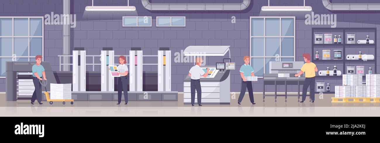 Cartoon printing house polygraphy composition the workday at the ...