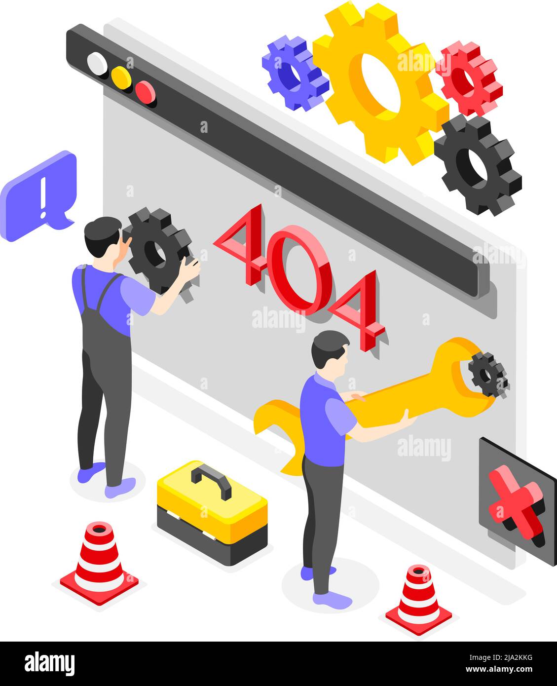 Error isometric composition abstract situation where technicians fix a ...